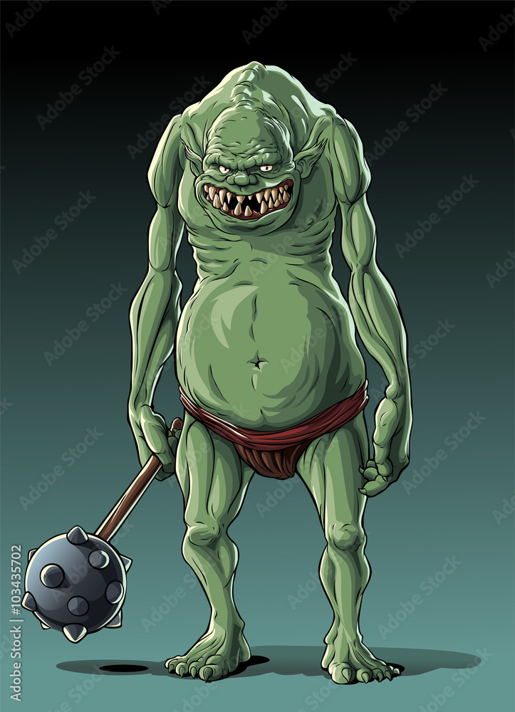 Big thin troll with cudgel in standing pose. Stock Vector | Adobe Stock
