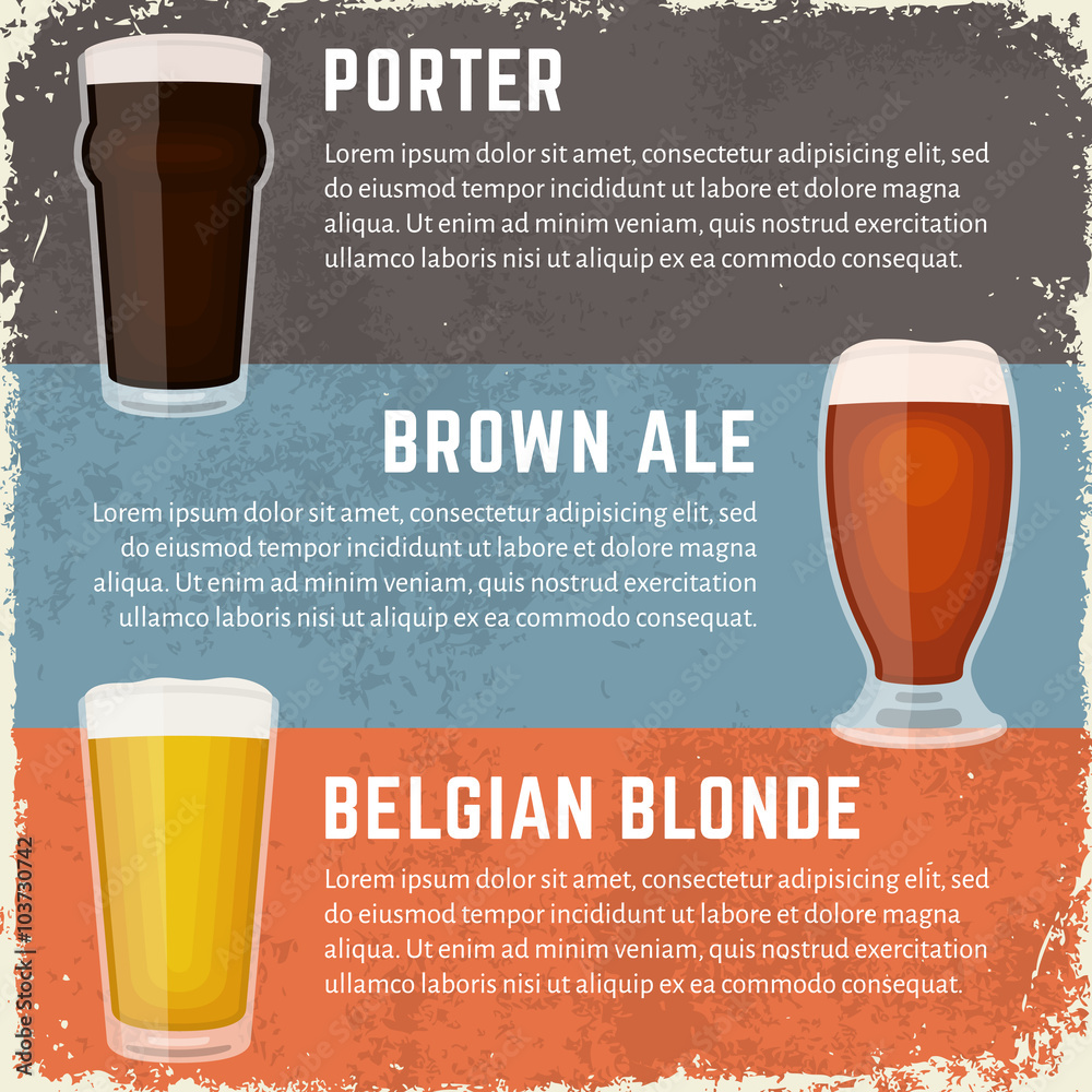 Vector illustration of craft beer styles. Glasses of porter, brown ale ...
