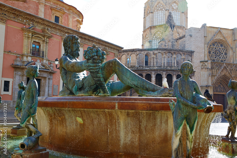 Valencia Plaza de la Virgen sq and Neptune statue Stock Photo | Adobe Stock