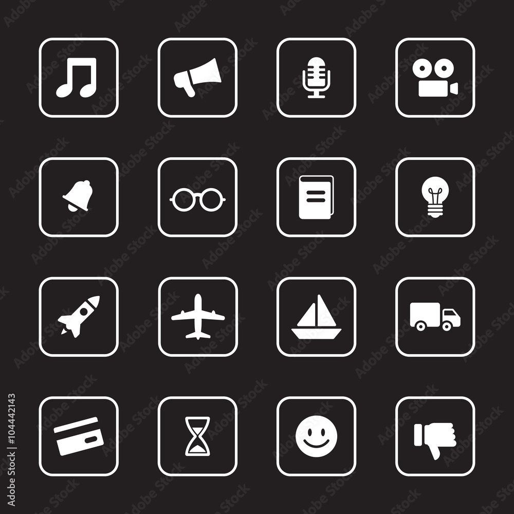 white flat icon set 5 with rounded rectangle frame for web design, user ...