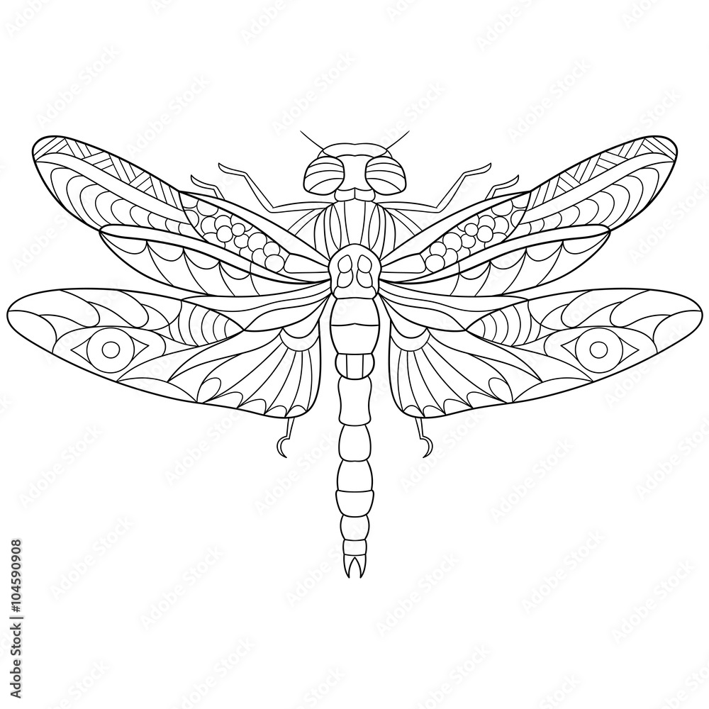 Zentangle stylized cartoon dragonfly insect, isolated on white ...