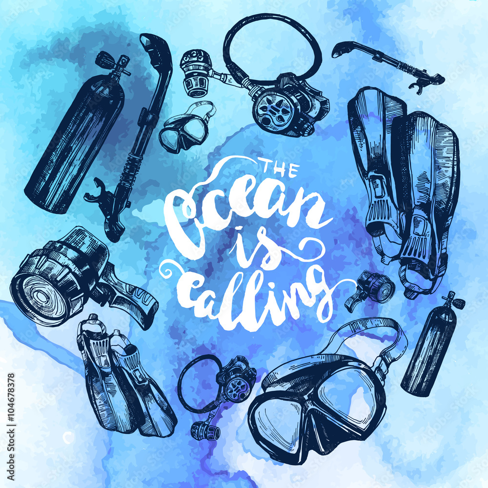 Scuba Diving Equipment Sketch Set. Stock Vector | Adobe Stock