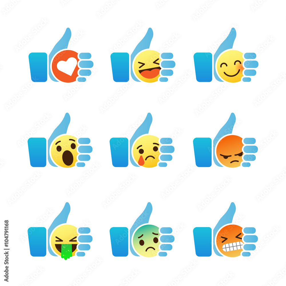 Stock-Vektorgrafik „Set of Emoticons, thumb up symbol with Emoji smiley faces, vector ...