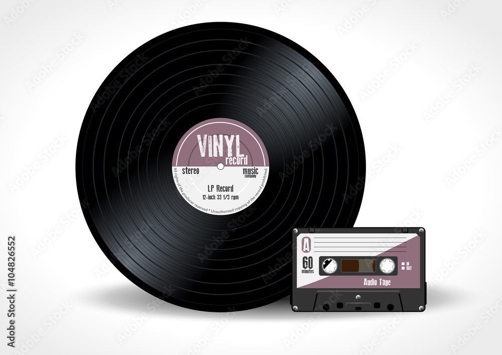 Gramophone vinyl record and music cassette with purple label. Long play ...