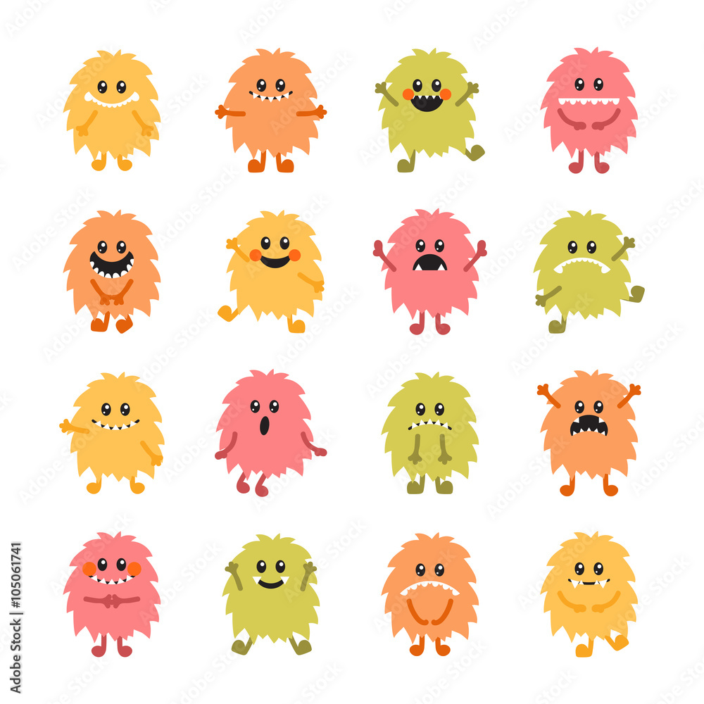 Set of cartoon hand drawn smiley monsters. Collection of differe Stock ...