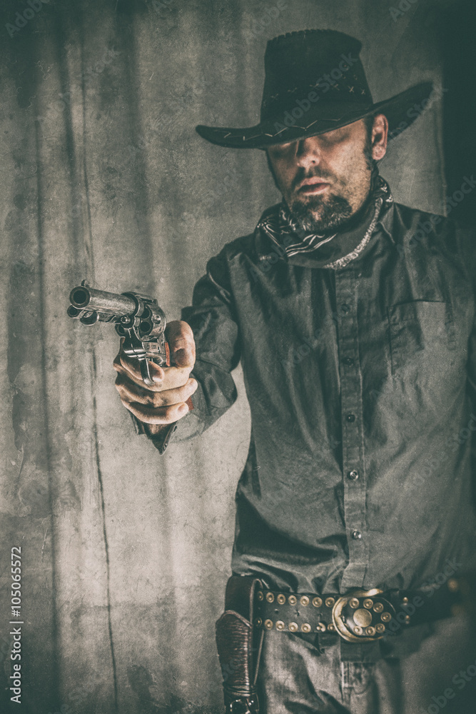 Cowboy Gunslinger Pointing Gun. Cowboy gunslinger aiming a classic colt ...