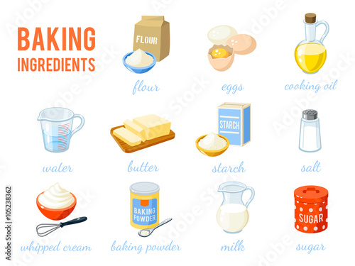 Set of cartoon food: baking ingredients - flour, eggs, oil, water ...
