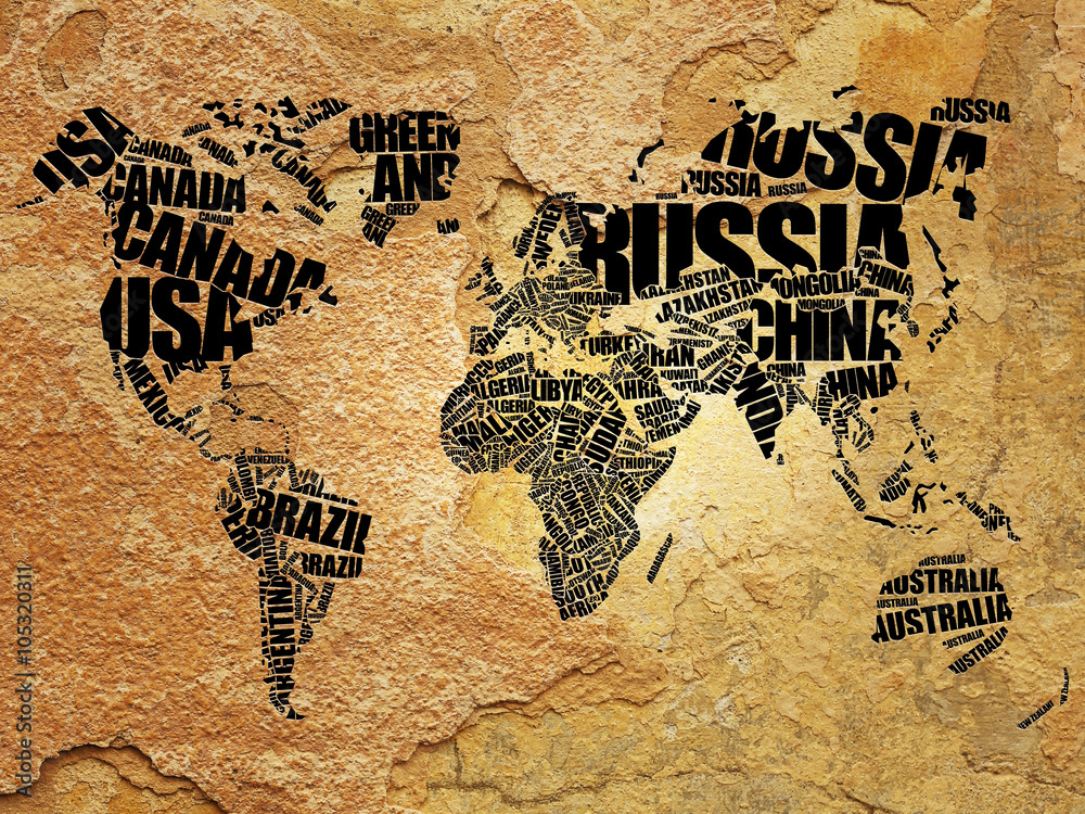 World Map in Typography word cloud concept, names of countries on old ...