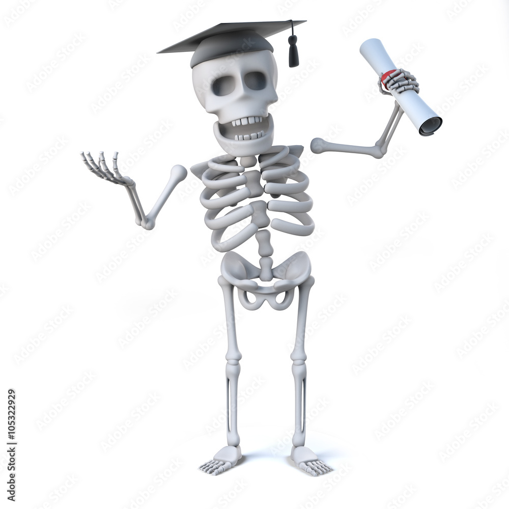 Ilustración de Stock 3d Skeleton has graduated with a diploma | Adobe Stock