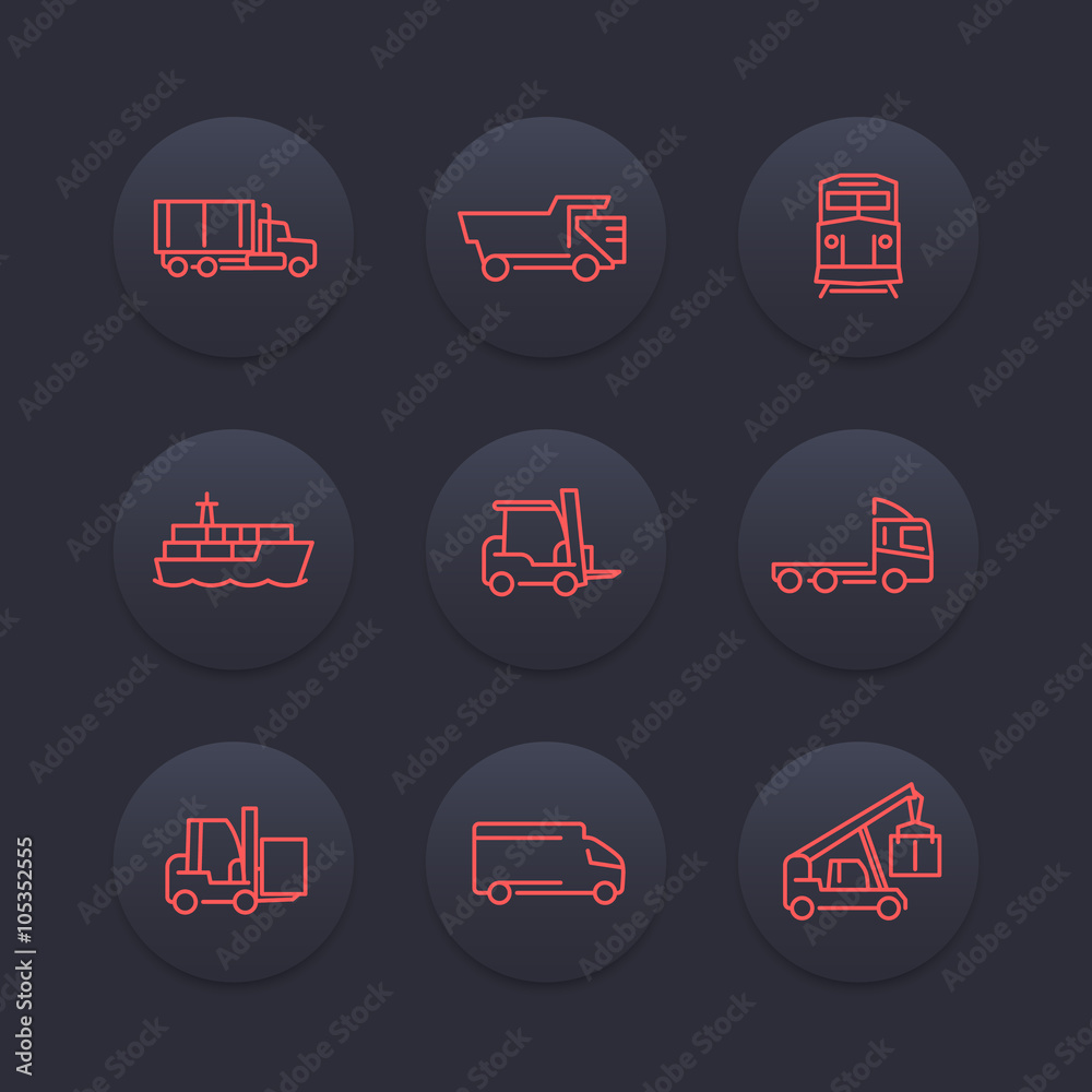 Transportation line icons, forklift, cargo ship, train, cargo truck ...