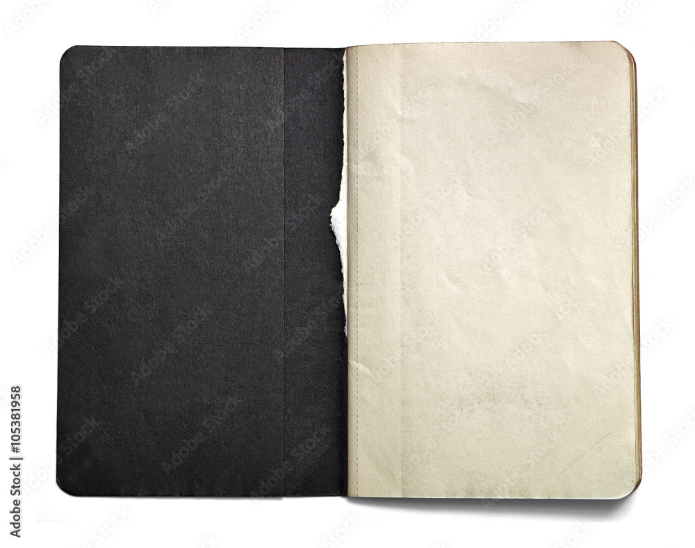 Blank open note book with black title page isolated on white background ...