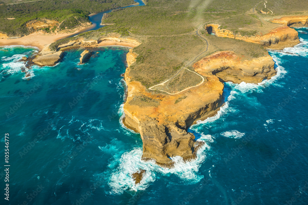 Aerial view of Loch Ard Gorge on the Great Ocean Road in Victoria ...