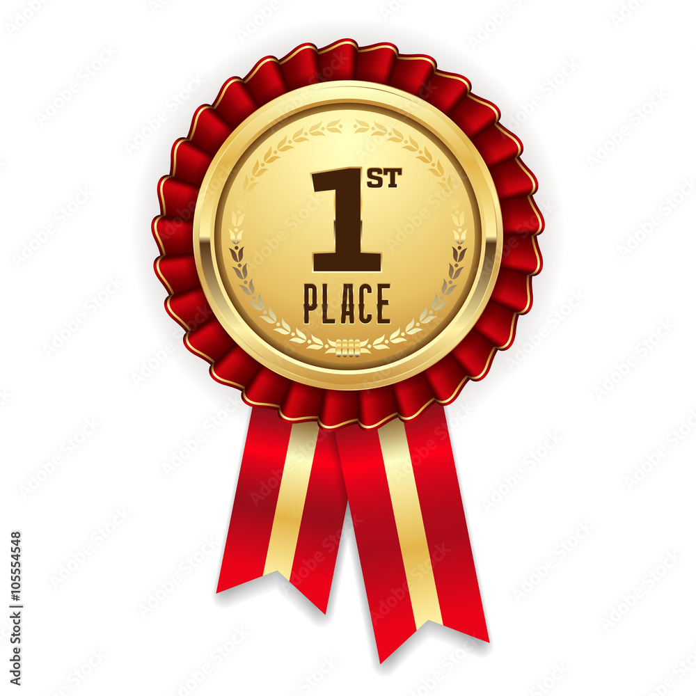 Gold 1st place rosette, badge with red ribbon on white background Stock ...