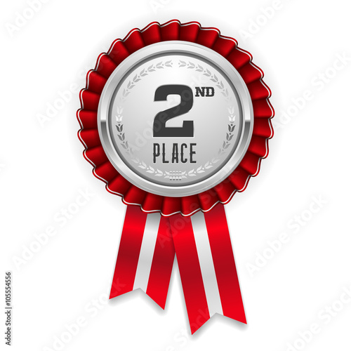 Silver 2nd place rosette, badge with red ribbon on white background ...