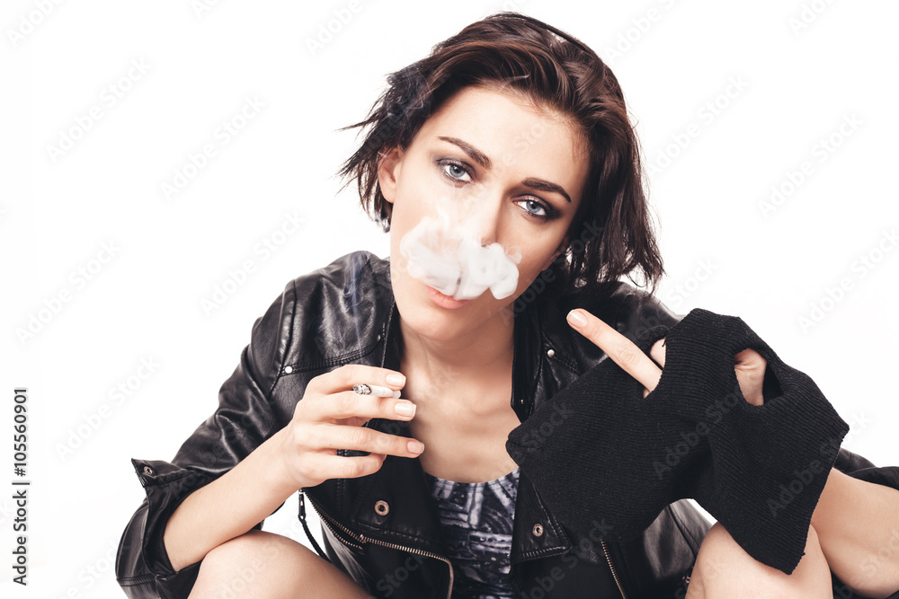 sexy girl smoking cigarette and showing middle finger Stock Photo ...