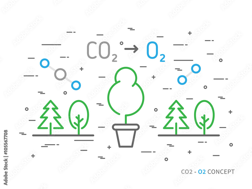 CO2 (carbon dioxide) to O2 (oxygen) colorful linear vector illustration ...