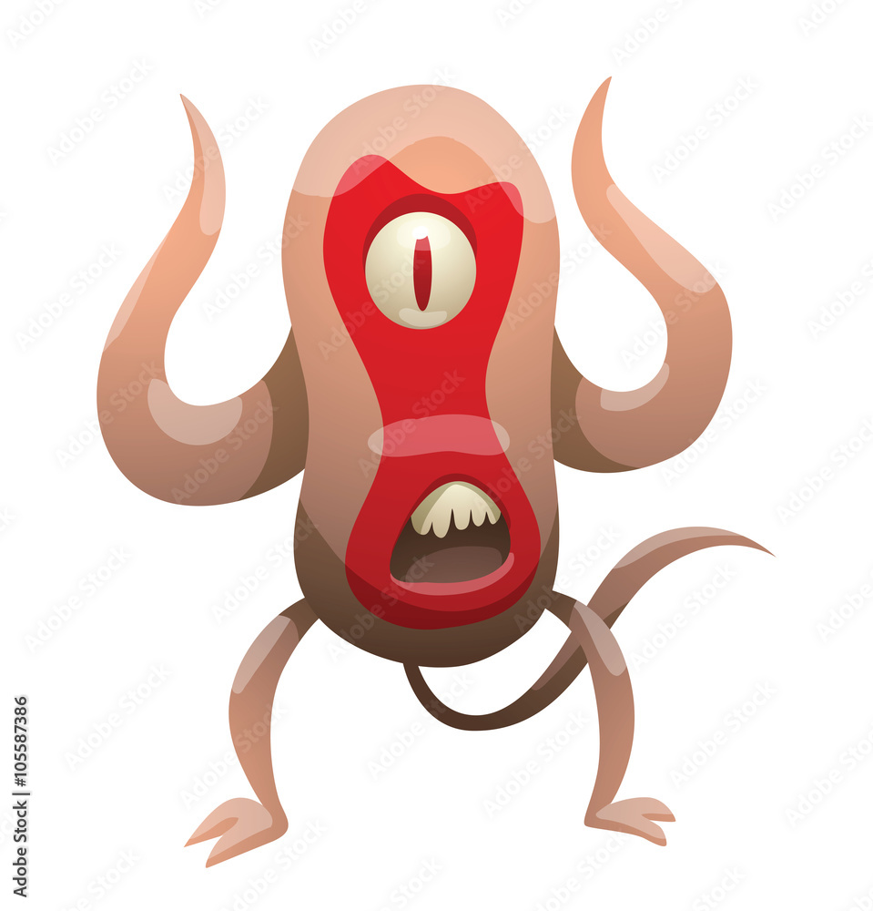 Vector cartoon image of a funny oval beige monster with red face with ...