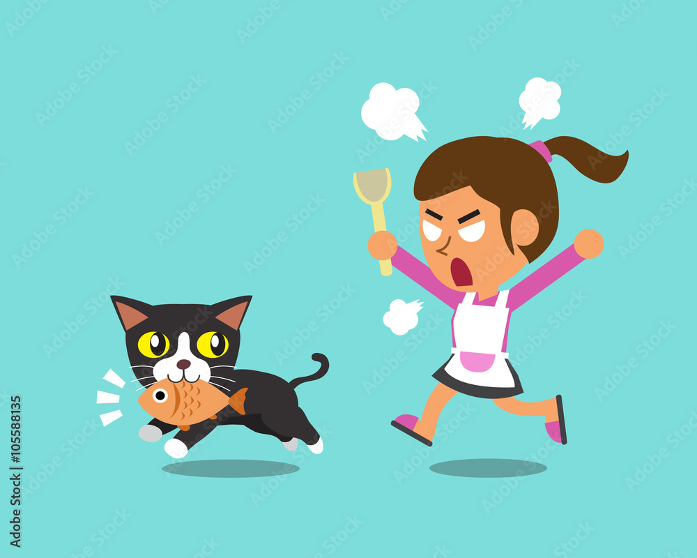 Cartoon cat stealing fish from woman Stock Vector | Adobe Stock