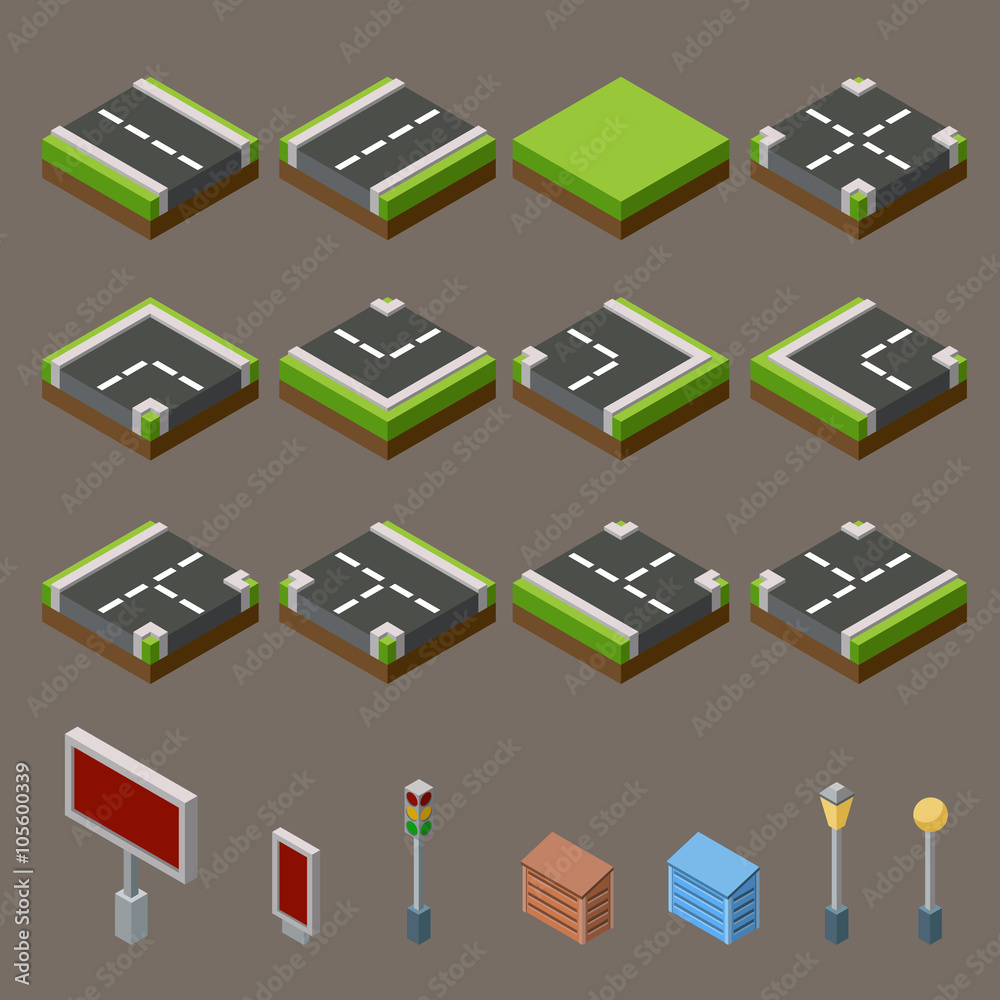 Flat 3d isometric street game tiles icons infographic concept set. City ...