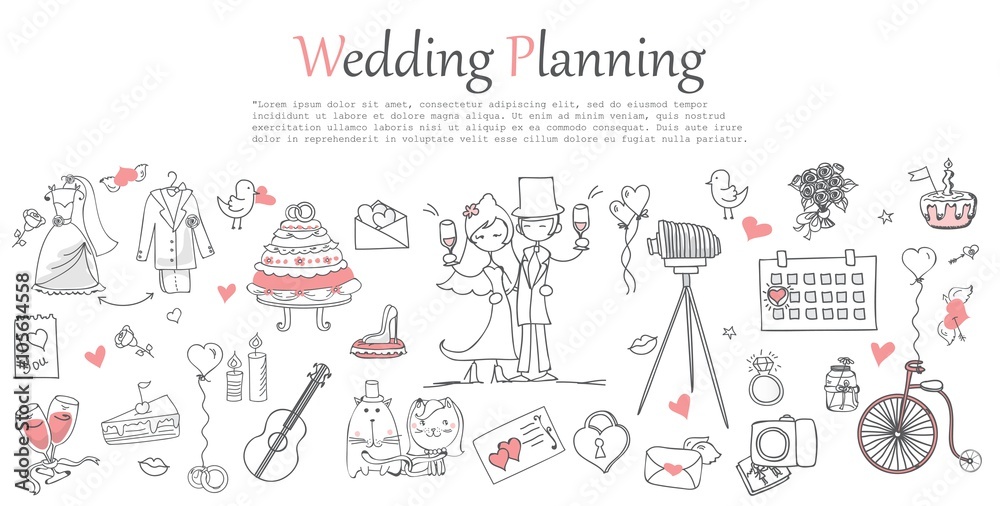 Doodle line design of web banner template with outline cartoon wedding ...