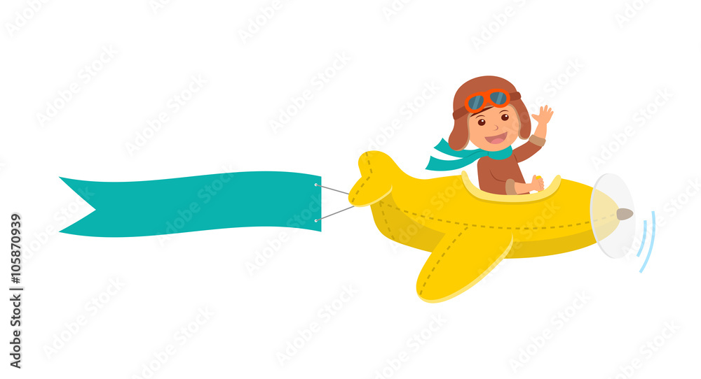 Cute boy pilot flies on a yellow plane in the sky. Air adventure ...