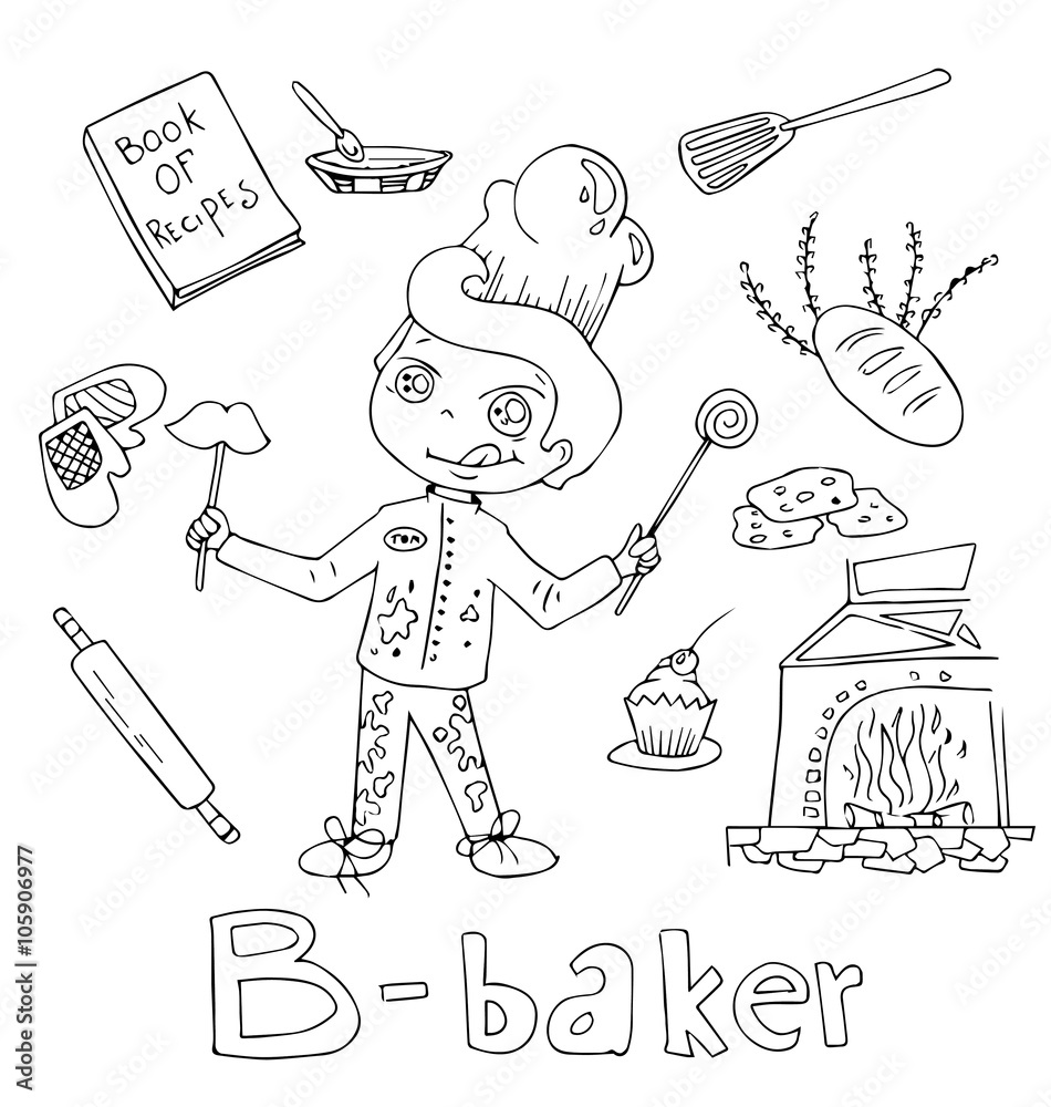 the professions baker in alphabetical order cartoon hand drawn outline ...