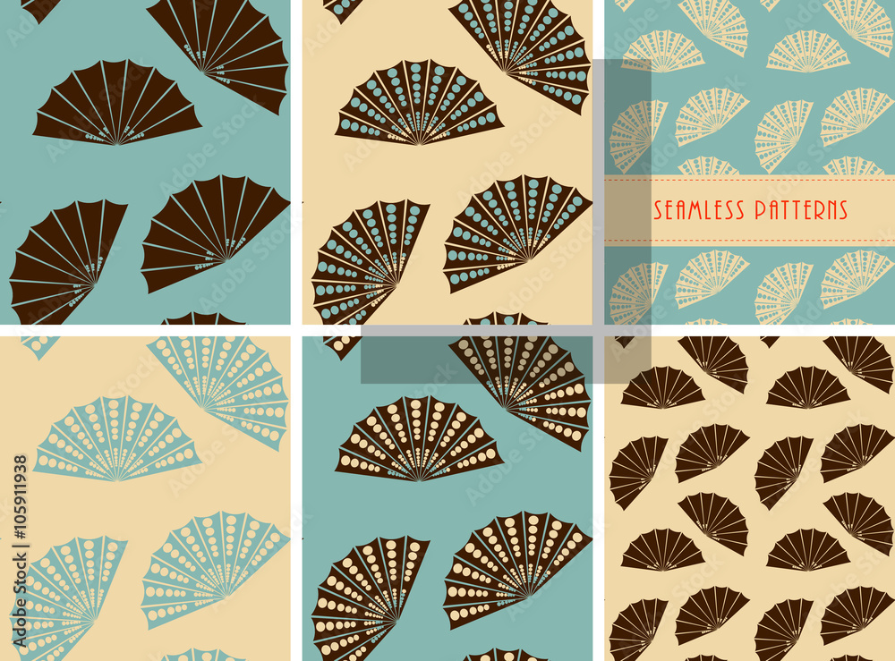 a set of 6 japanese style, coordinated, fan shape, seamless patterns ...