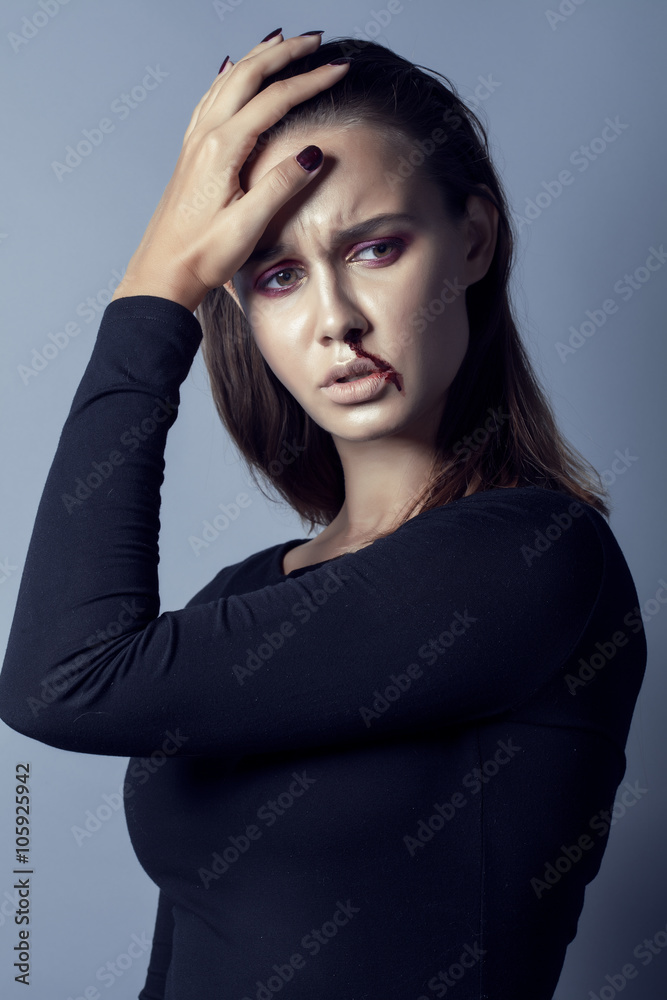 problem depressioned teenager with bleeding nose, real junky close up ...