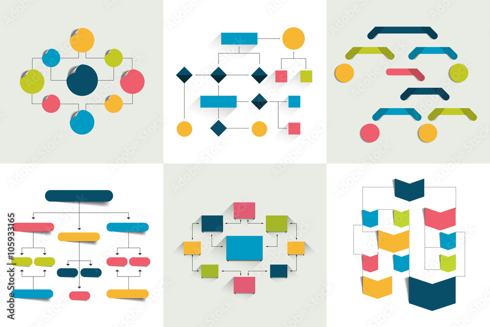 Flowcharts. Set of 6 flow charts schemes, diagrams. Simply color ...