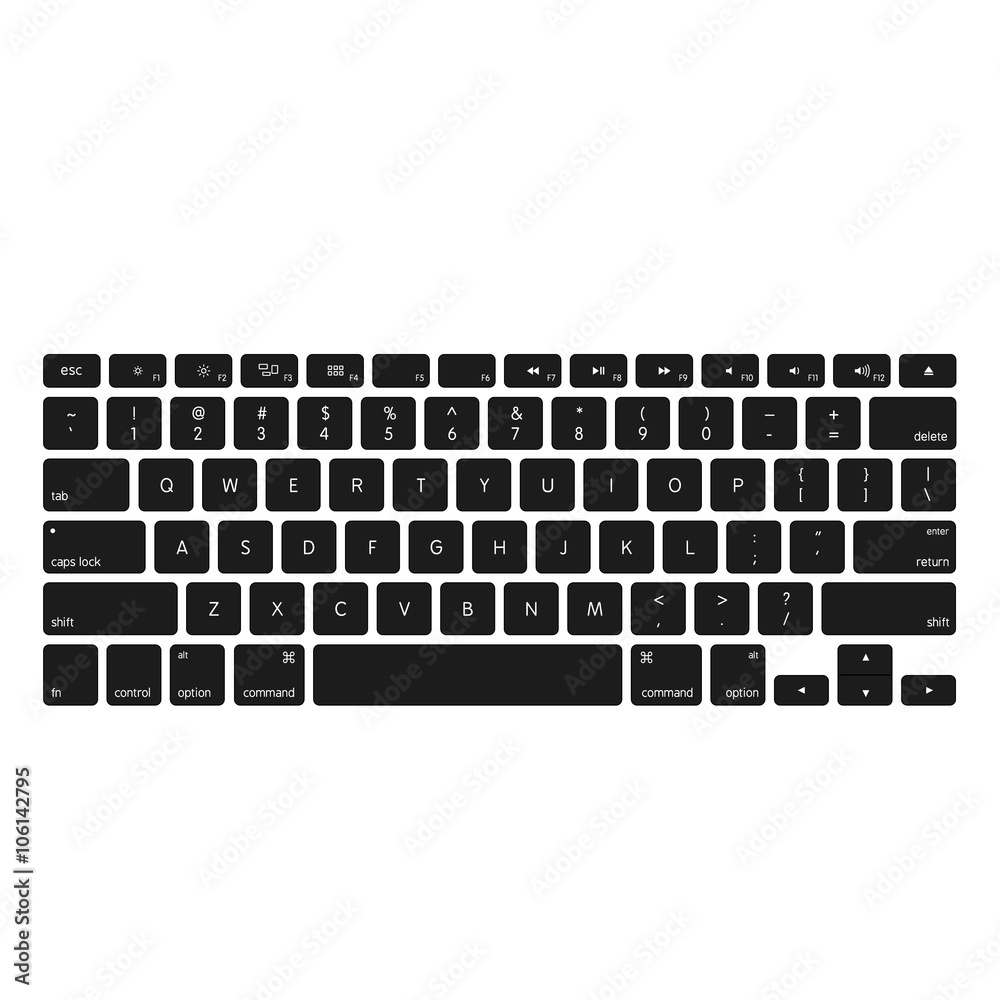 Black laptop computer keyboard button layout template with icons ...