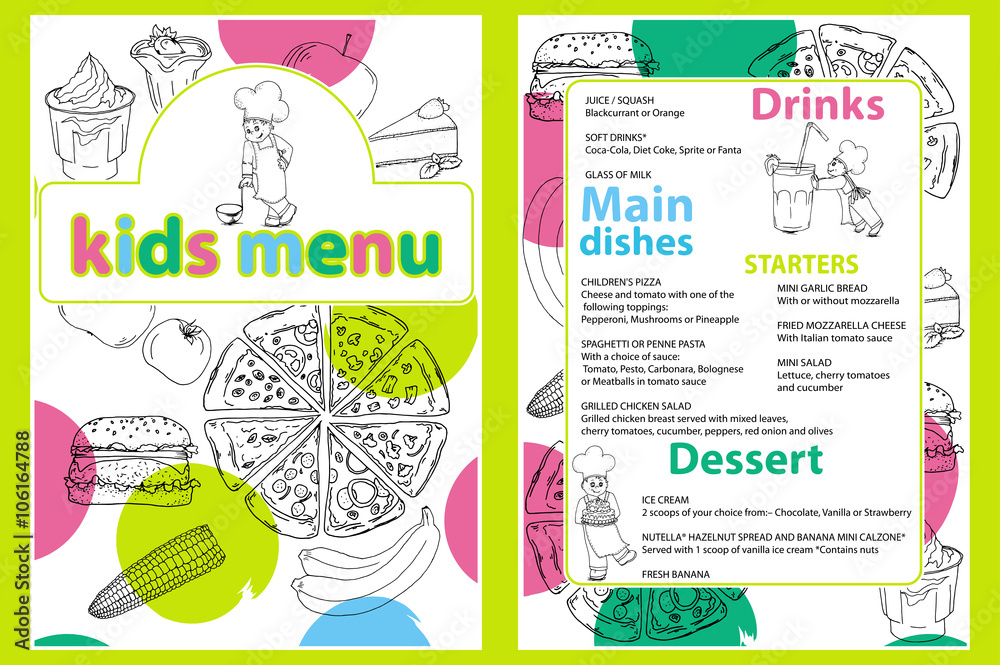 Cute colorful kids meal menu vector template with funny cartoon kitchen ...