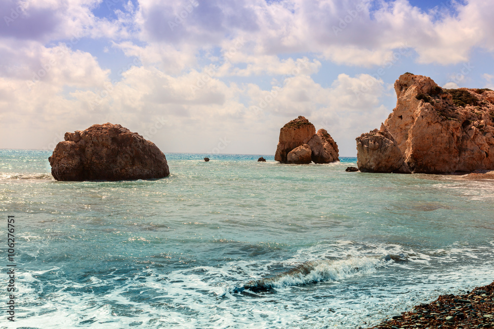 Seascape with Petra tou Romiou, also known as Aphrodite's Rock, is a ...