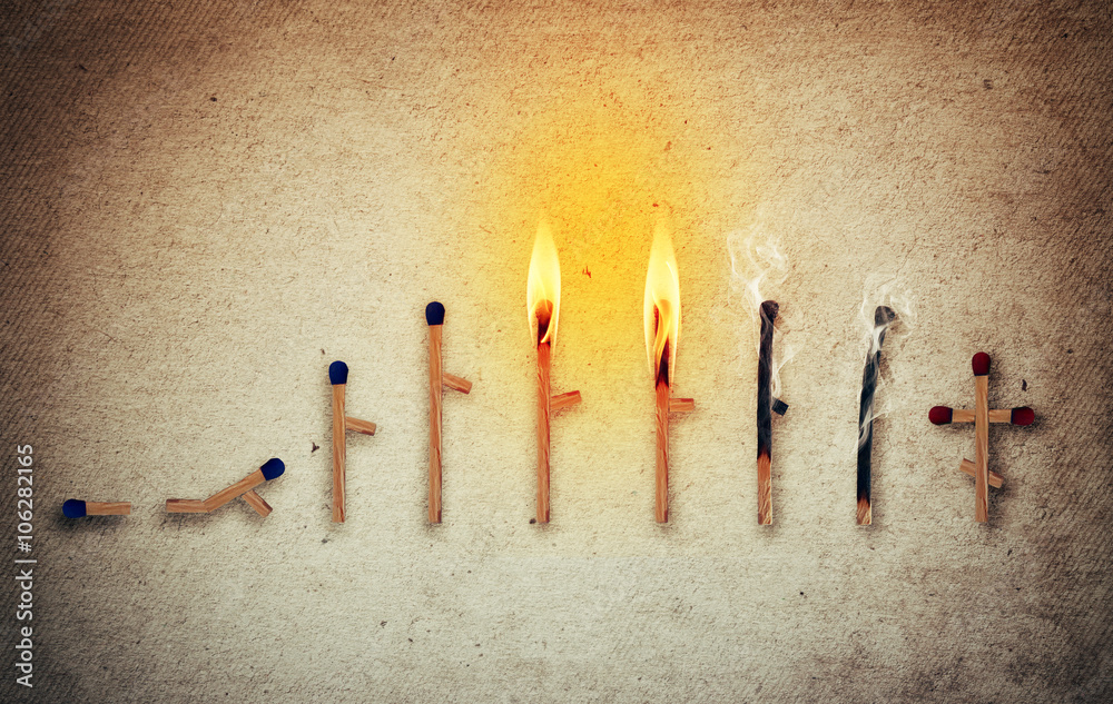 Matches symbolizing human life cycle in different ages from birth to ...