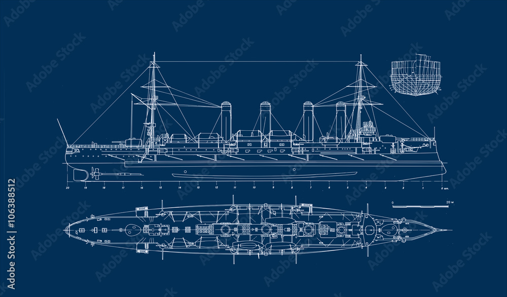 Built in 1903 old armored cruiser blueprint. A great wall poster for a ...