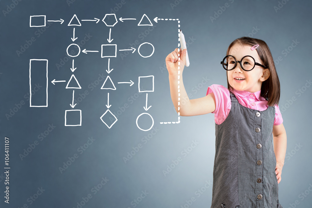 Cute little girl wearing business dress and writing process flowchart ...