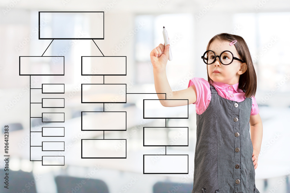 Cute little girl wearing business dress and writing process flowchart ...
