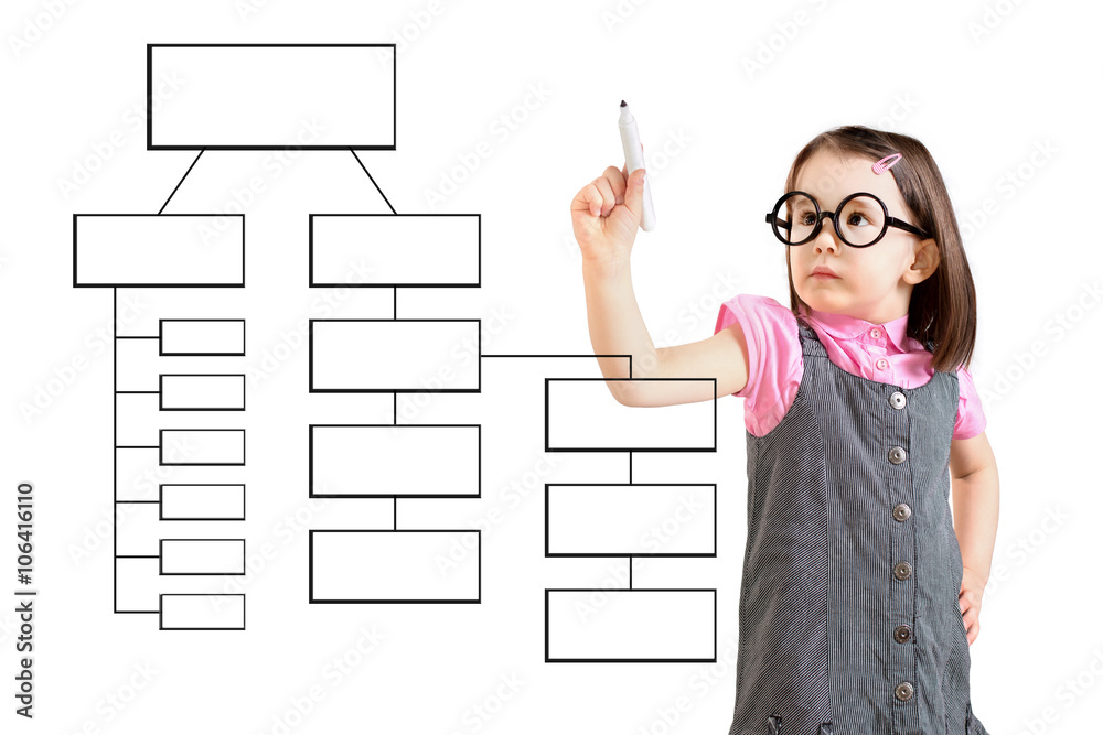 Cute little girl wearing business dress and writing process flowchart ...