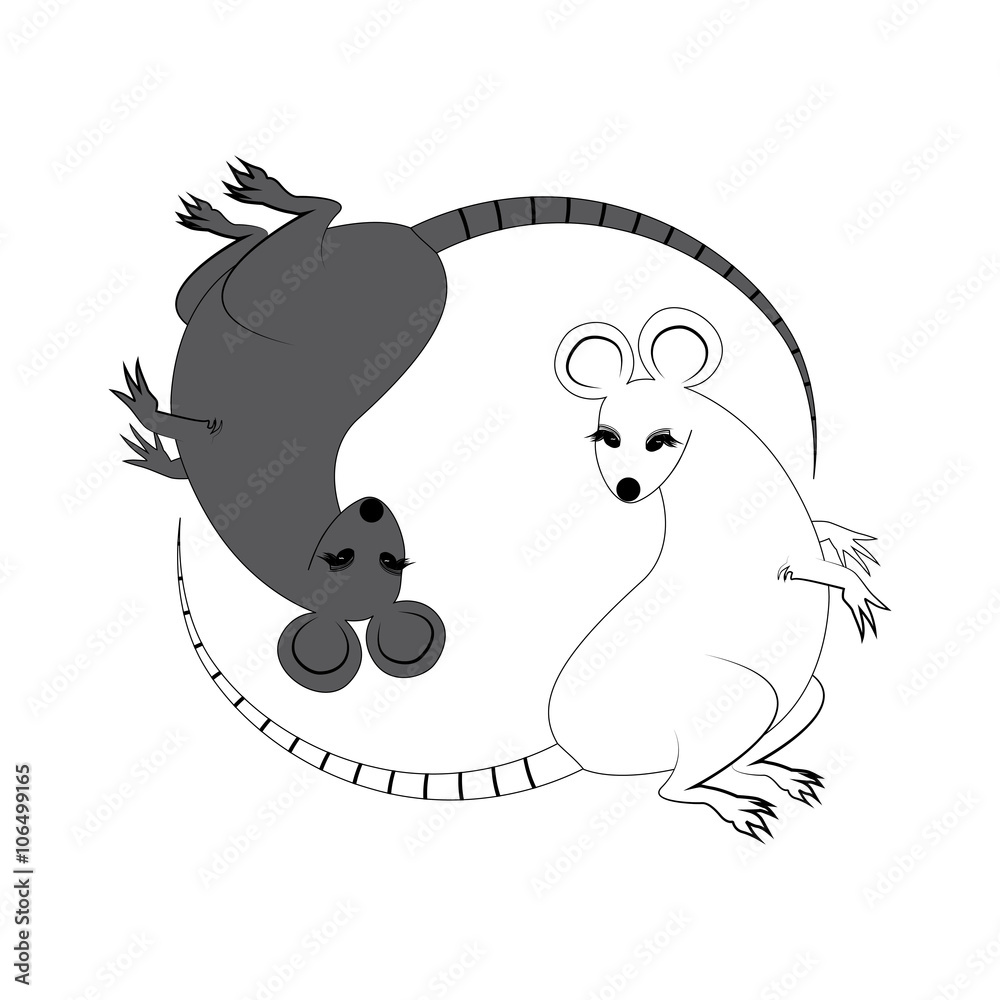 Yin Yang sign icon. White and black cute funny cartoon rat. Feng shui ...