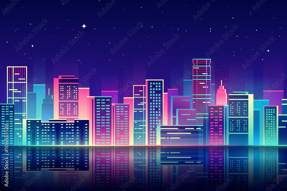 Vector night city with neon glow illustration. Stock Vector | Adobe Stock