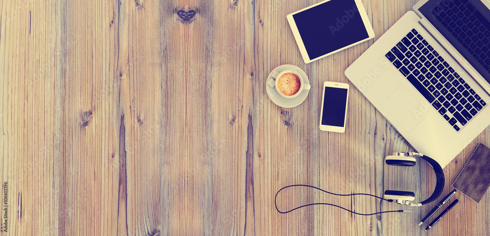 Top view office desk hero header for responsive webdesign. Letterhead ...