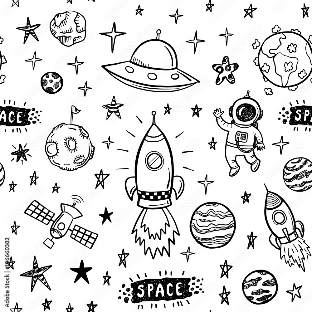 Vector doodle space seamless pattern Stock Vector | Adobe Stock