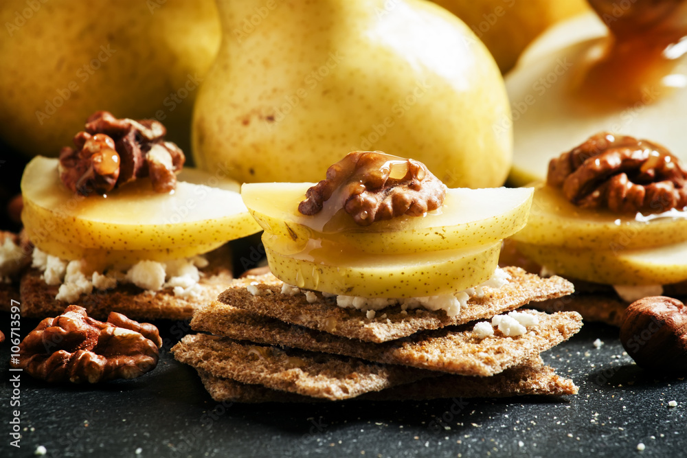 Appetizer from crispy dark breads, cottage cheese, walnuts and p Stock ...