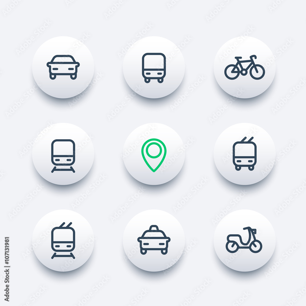 City and public transport round modern icons, public transportation ...