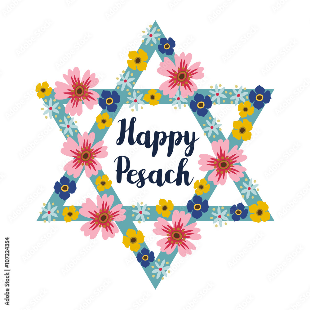 Pesach Passover greeting card with jewish star and flowers, vector ...