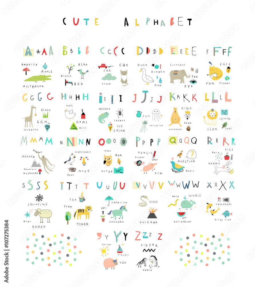 Cute alphabet. Letters and words. Flora, fauna, animals. Stock Vector ...