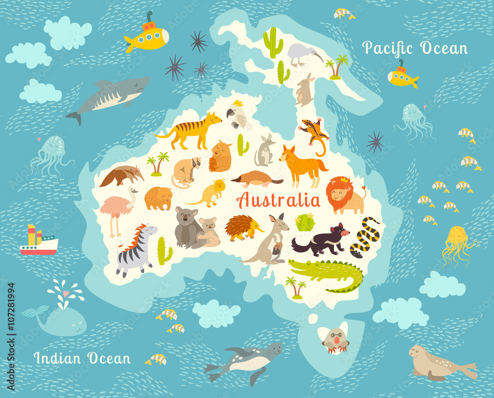 Animals world map, Australia. Vector illustration, preschool, baby ...