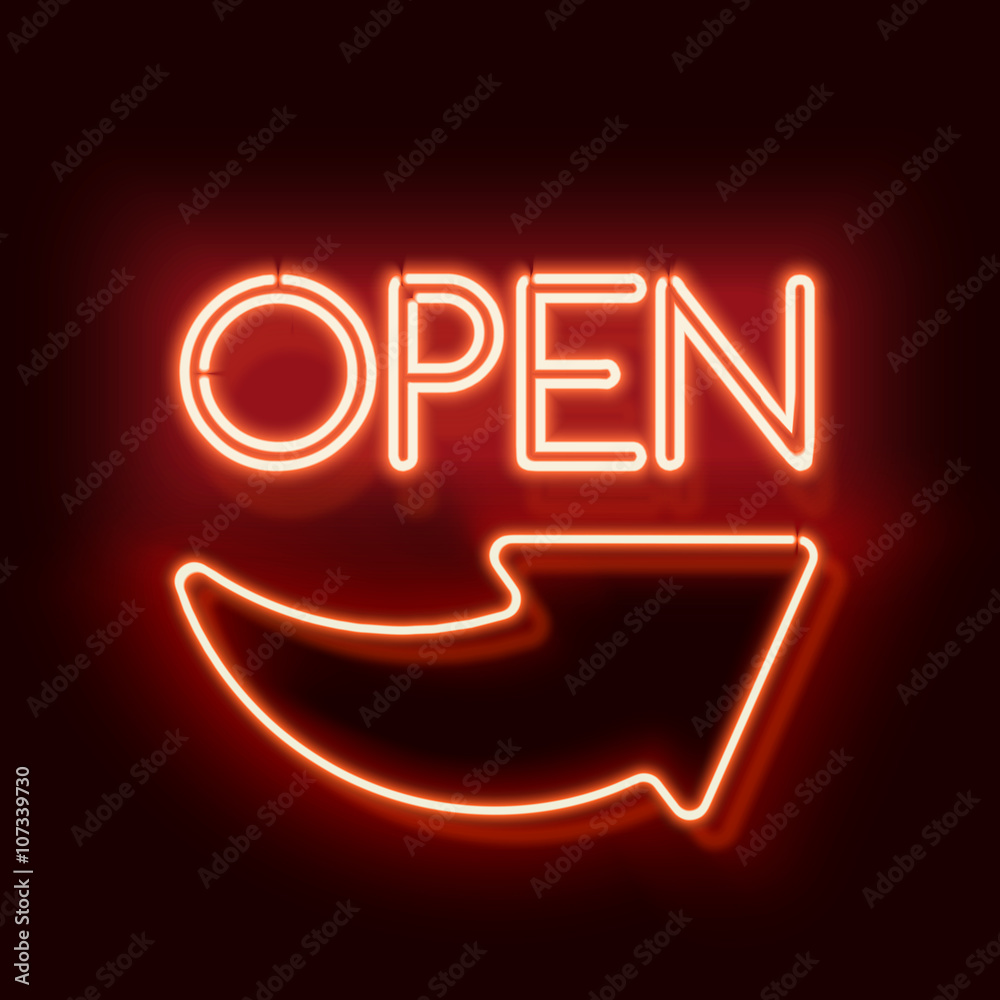 Neon sign Open with arrow. Inscription to login. Electric lamp in the ...