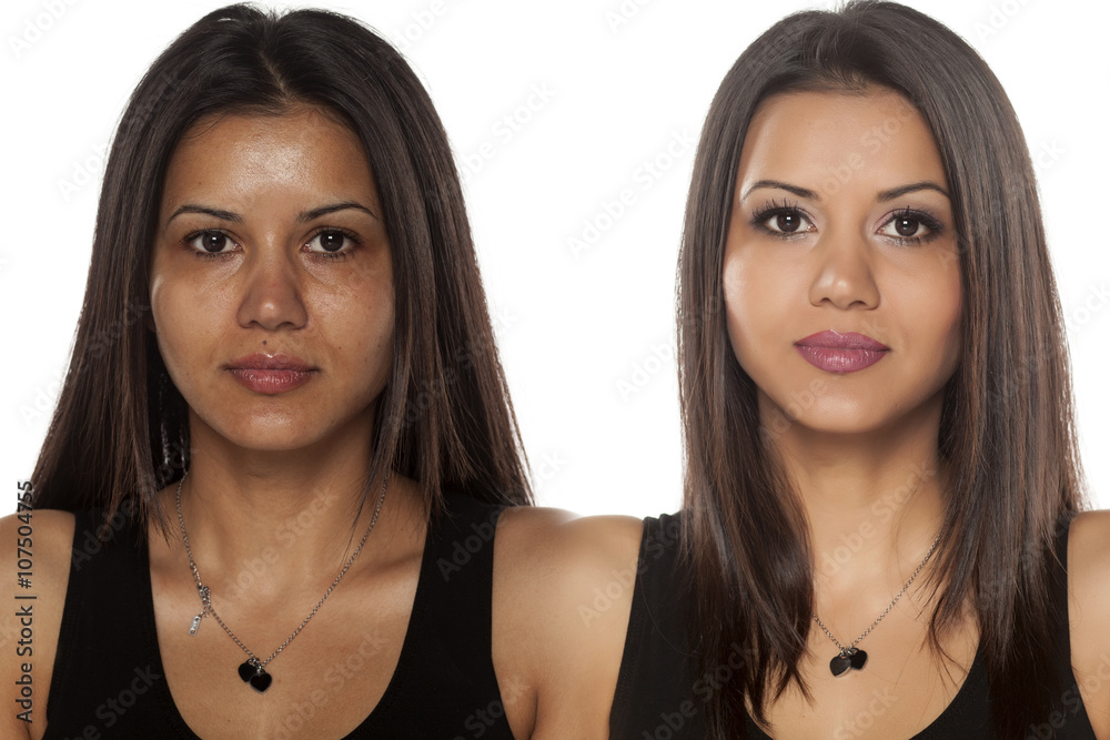 Comparison portrait of a exotic beautiful woman without and with makeup ...