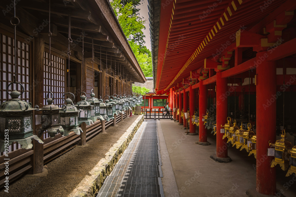 Pathway between two rows of shrine lanterns on the buildings of Kasuga ...