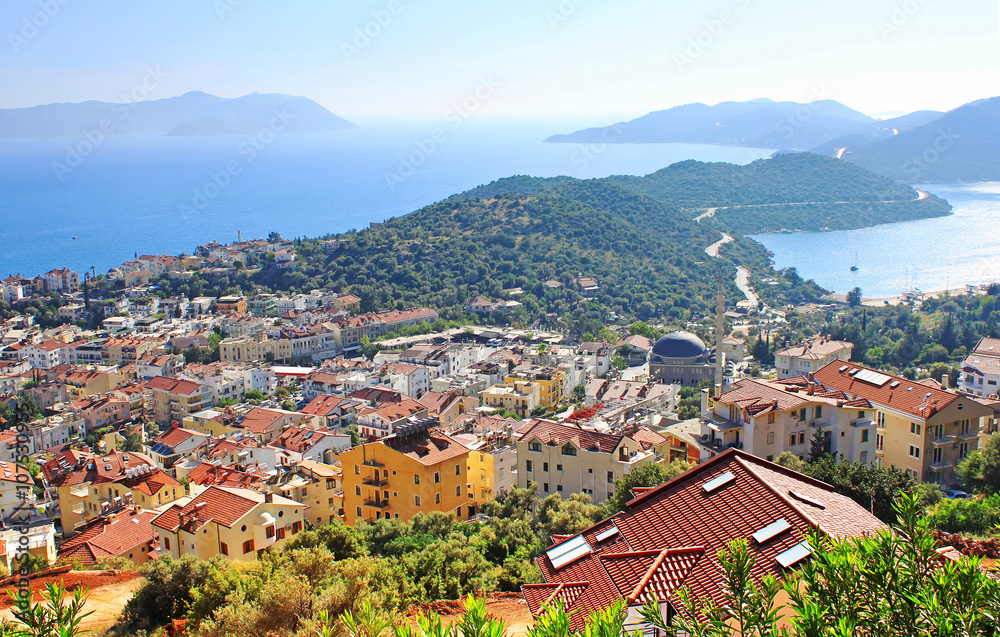 Harbour of city Kas (Kash) in Turkey and Greek island Kastelorizo Stock ...